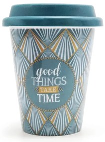 Porcelánový cestovní hrnek Přepych chce svůj čas, 220 ml – s Art Deco designem a tyrkysově zelenými detaily