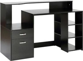 HOMCOM psací stůl s regálem, počítačový stůl, kancelářský stůl s deskou pro tiskárnu, zásuvkou, MDF, kov, černý, 137 x 55 x 92 cm
