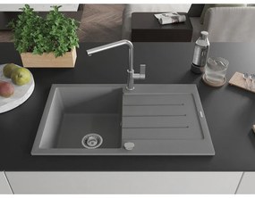 Mexen Bruno, 1-komorový granitový dřez 795x495x200 mm a dřezová baterie Flora, šedá, 6513-71-670401-00
