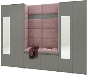 Předsíňová stěna Trinity 10 s čalouněnými panely, 280 cm, grafit/ světle růžová