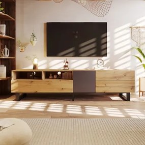 Aosom Moderní televizní skříňka 180 cm s úložným prostorem, vysoký lesk, colorblocking design, barva dřeva