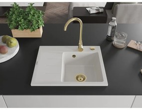 Mexen Ben, 1-komorový granitový dřez 600x500x190 mm, pravý + zlatý sifon, bílá, 6523605000-20-G
