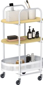 HOMCOM Utility vozík s kolečky - 3-úrovňový kuchyňský vozík se zásuvkou a policemi, nosnost 30 kg, 49,5x32,5x82,5 cm, bílý a přírodní dřevo | Aosom