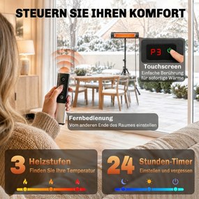 Outsunny Infračervený topný radiátor 2500 W terasový topič s dotykovým ovládáním a dálkovým ovládáním, 3 stupně výkonu, výškově nastavitelný stojan