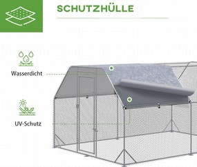 PawHut kurník pro volný výběh pro 10-12 kuřat s dvířky a střechou s vodoodpudivou ochranou proti slunci, Oxford/stříbrná 280x380x195cm | Aosom.de