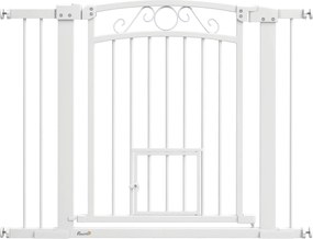 PawHut Indoor Dog Safety Gate, Dveře pro psy s 2 prodlouženími 76-104 cm a kočičími dvířky, Výška pet brány 77 cm, pro chodby a schody, Bílá | Aosom