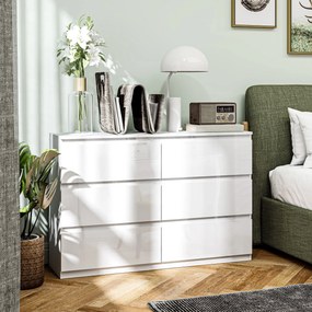HOMCOM komoda do ložnice s 6 zásuvkami, zásuvková komoda pro obývací pokoj a kancelář, moderní styl, 112x34x75 cm, vysoký lesk bílá