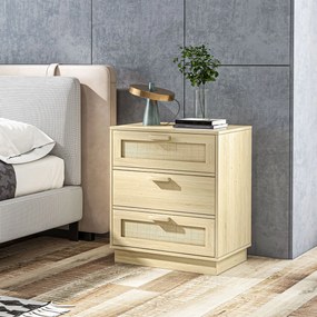HOMCOM Noční stolek s 3 zásuvkami z ratanového pletiva, dřevěný komoda pro ložnici, obývací pokoj, bohémský styl 60x38x69 cm