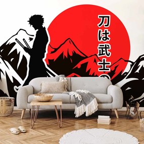 Fototapeta Osamělý samuraj - horská krajina, japonský nápis a postava anime