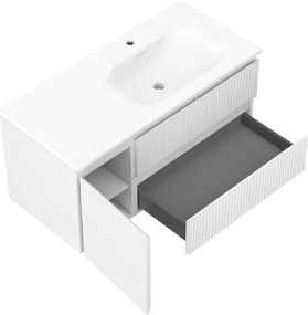 Mexen Rivel, koupelnová skříňka 100 cm s pravým umyvadlem Vela, 2S, 1D, drážkovaná, bílá matná, 91A23-10047-3-BBFFF01-W23P01