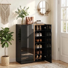 Skříňka na boty HOMCOM s bezpečnými soft‑close dveřmi, 6 polic, až 18 párů, bezúchytový design, vysoce lesklá černá