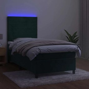 Box spring postel s matrací a LED tmavě zelená 90x200 cm samet 3136164