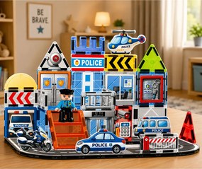 LEAN Toys Magnetické stavební kostky – Policejní základna, vozidla, policista, 44 dílů