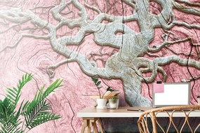 Samolepící tapeta abstraktní strom na dřevě s růžovým kontrastem