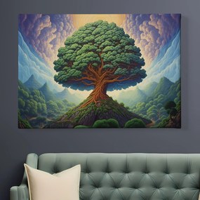 Obraz na plátně - Košatý Strom života s lesem a kopečky FeelHappy.cz Velikost obrazu: 150 x 100 cm