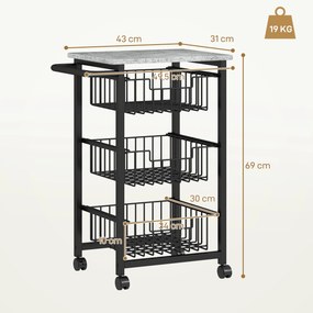 HOMCOM Kuchyňský vozík na zeleninu se 3 posuvnými koši a ocelovým rámem, pojízdný pomocný vozík do jídelny 49,5x31x69 cm Světle šedá