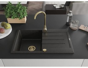 Mexen Bruno, 1-komorový granitový dřez s odkapávačem 80x50 cm a kuchyňskou baterií Telma, černá-zlatá, 6513-75-670200-50
