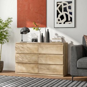 HOMCOM komoda 6 zásuvek úložný nábytek bez úchytek minimalistický design 120 x 39 x 75 cm dub
