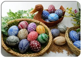 Velikonoční prostírání - 014, Malovaná vajíčka v košíku