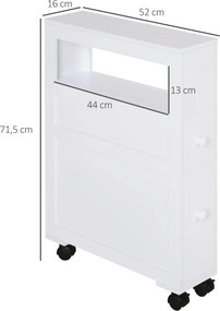HOMCOM Koupelnová Skříňka na Kolečkách Úzká Koupelnová Skříňka se 2 Zásuvkami a Poličkou Nosnost 20 kg 16x52x71,5 cm Bílá