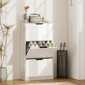 HOMCOM úzká botníková skříň s 3 klapacími dveřmi, botníková skříň do předsíně pro 18 párů bot, 62,5 x 26 x 117,5 cm, dub a bílá