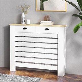 HOMCOM Kryt radiátoru, Stěna radiátoru, Horizontální lamelový rošt, se 2 zásuvkami, pro obývací pokoj, ložnici, chodbu, dřevo, 111 x 19 x 95,5 cm, Bí…