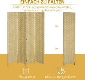HOMCOM Dělicí stěna 4 panely 159,5x169,5 cm Skládací separator s dekorem z papírového provazu pro ložnici a obývací pokoj Hnědá