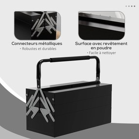 DURHAND kovový toolbox - Sada nářadí - 3 úrovně, 5 teleskopických přihrádek - Černý ocelový plech | Aosom