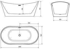 Mexen Montana, volně stojící vana 180 x 90 cm, bílá-černá, zlatý matný přepad, 52011809075-55