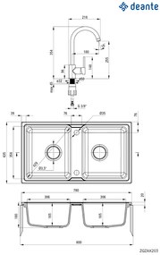 Deante Dřez Zorba s dřezovou baterií,  2 komory, granit -  pískový