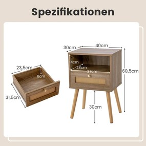 Costway Noční stolek s ratanovou dekorací, malý v boho stylu s přírodní zásuvkou