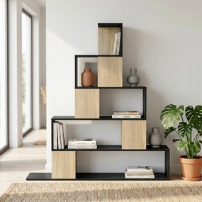 HOMCOM Úložný regál, geometrický 5patrový knihovník do kanceláře, obývacího pokoje, ložnice, černá a přírodní dřevo