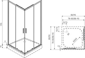 Novoterm Čtvercový sprchový kout NV-Solid SQ BL 80, černý/transparent - bez vaničky