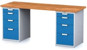 Alfa 3 Dílenský stůl MECHANIC I se 2 zásuvkovými dílenskými boxy na nářadí místo nohou, 8 zásuvek, 2000 x 700 x 880 mm, modré dveře
