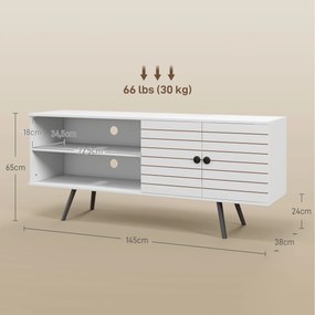 HOMCOM TV stolek do obývacího pokoje pro TV do 65 palců, moderní TV stolek se 2 otevřenými policemi a 1 nastavovací policí 145x38x65 cm Bílý