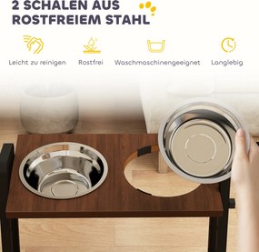Zvýšená miska pro psy 4 výškově nastavitelné misky na krmivo se stojanem, 2 x 1,2 litru nerezové misky, 3 nastavitelné úhly, hnědá barva