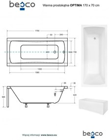 BESCO Obdélníková vana OPTIMA Nožičky k vaně - Bez nožiček, Rozměr vany - 170 × 70 cm VANOPT17