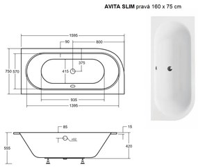 BESCO Asymetrická vana AVITA SLIM Nožičky k vaně - S nožičkami, Rozměr vany - 160 × 75 cm, Způsob provedení - Pravé VANAVIT160SLIMP+OLVPINOZ