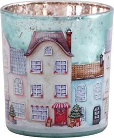 Modrý skleněný svícen vesnička domky Village S - Ø 7*8 cm