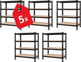 Akce 5x Regál 180x160x50 cm profesionální 4-policový, nosnost 1600 kg - černý