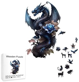 Dřevěné puzzle - Drak s růží Varianta: Drak s růží A5 - 14,8x21 cm