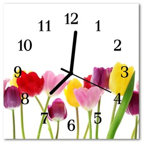 Skleněné hodiny čtvercové Barevné tulipány