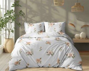 Detexpol Bavlněné povlečení 220x200 Bílá s béžovými růžemi - elegantní vintage vzor, 100% bavlna - 5342 A - Soft Meadow