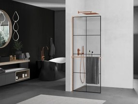 Mexen Kioto+ L, sprchová zástěna Walk-In s poličkou a věšákem 90 x 200 cm, 8mm čiré sklo černý vzor, ​​měděný matný profil, 800-090-123-65-77