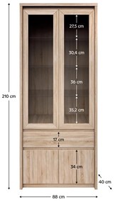 Vitrína se šuplíkem 2D2W1S, dub sonoma, NORTY TYP 3