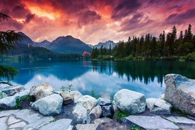 DIMEX | Vliesová fototapeta Jezero ve Vysokých Tatrách MS-5-3079 | 375 x 250 cm | modrá, bílá, oranžová