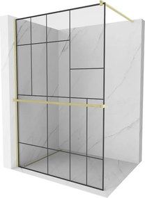Mexen Kioto+, sprchová zástěna Walk-In s poličkou a věšákem 120 x 200 cm, 8mm čiré sklo černý vzor, ​​zlatý matný profil, 800-120-121-55-78