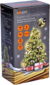 Solight LED venkovní vánoční řetěz, 50LED, 5m, 8 funkcí, IP44, 3x AA, teplá bílá