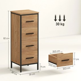 HOMCOM Úzká koupelnová skříňka s 4 zásuvkami a ocelovým rámem 30x30x82 cm Dub