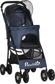 PawHut vozík pro psy, kočárek pro psy do 10 kg, skládací, spodní koš, polštář, boční kapsa, 81 cm x 48 cm x 99 cm, námořnická modrá